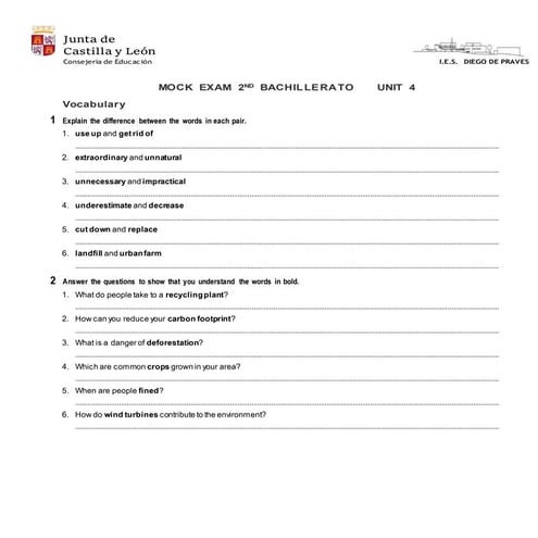MOCK EXAM UNIT 4 (2ND BACHILLERATO) | PDF
