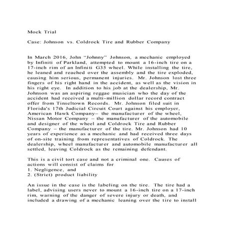 Mock Trial Case Johnson vs. Coldrock Tire and Rubber Company | DOCX