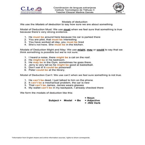 Modals of deduction english class | PDF