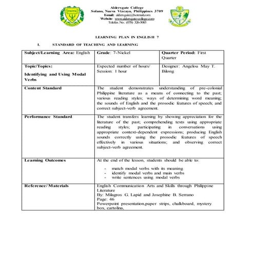 Lesson Plan on Modals | PDF