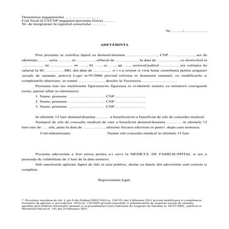 Adeverinta salariat pentru medicul de familie – model 2014 | PDF