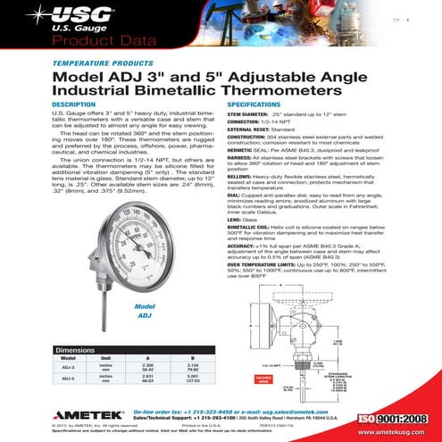Industrial Bimetallic Thermometers: 3 and 5 Inch Adjustable Angle | PDF