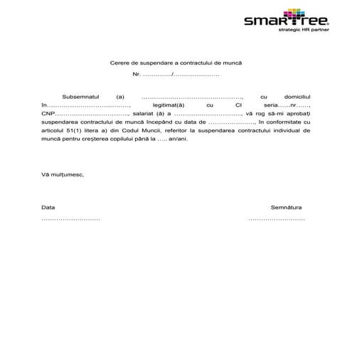 Model cerere suspendare contract pentru concediu crestere copil | DOC