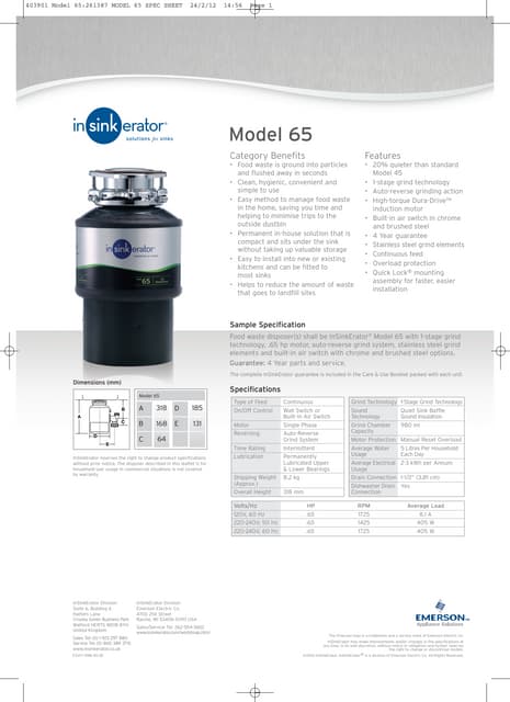 InSinkErator Model 55 Food Waste Disposer | PDF