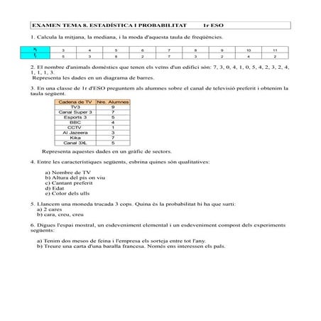 Model examen tema 8. probabilitat i estadística | PDF
