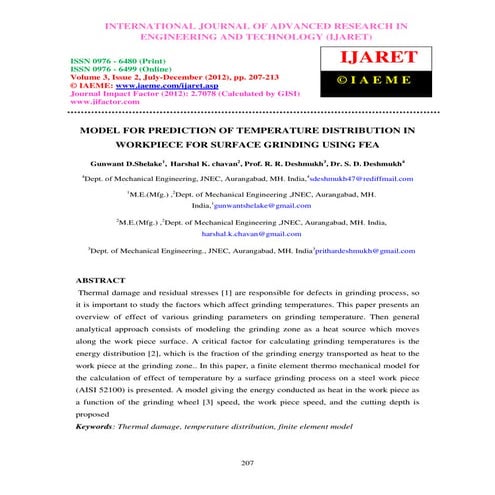 Model for prediction of temperature distribution in workpiece for surface grinding using fea ...