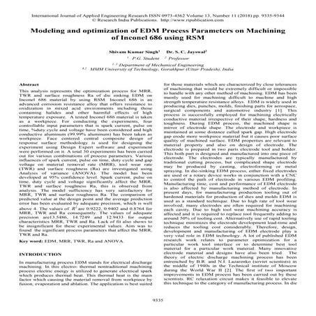 Modeling And Optimization Of Edm Process Parameters On Machining Of Inconel 686 Using Rsm Pdf