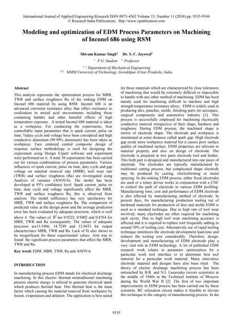 Modeling And Optimization Of Edm Process Parameters On Machining Of Inconel 686 Using Rsm Pdf