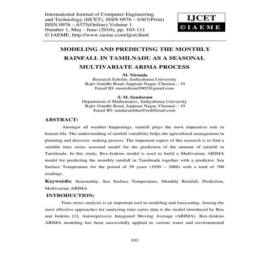 Modeling And Predicting The Monthly Rainfall In Tamilnadu As A Seasonal Multivariate Arima