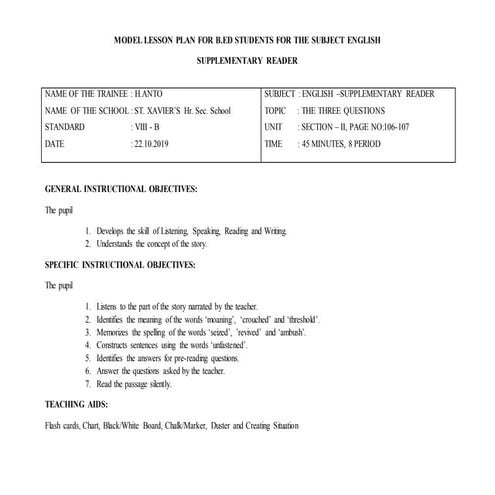 Model lesson plan for B.ed students for the subject english | DOCX