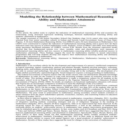 Modelling The Relationship Between Mathematical Reasoning Ability And Mathematics Attainment Pdf