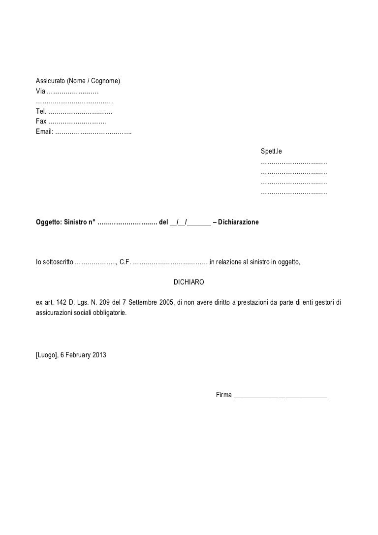 Modello dichiarazione art 142 cod assicurazioni private