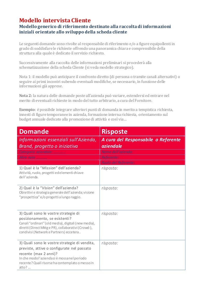 Modello intervista preliminare per il cliente