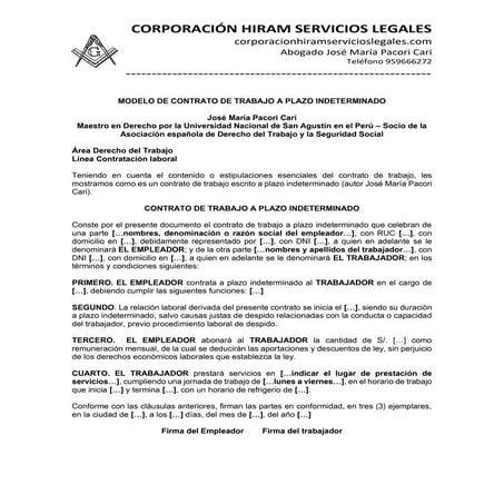 MODELO DE CONTRATO DE TRABAJO A PLAZO INDETERMINADO - AUTOR JOSÉ MARÍA ...