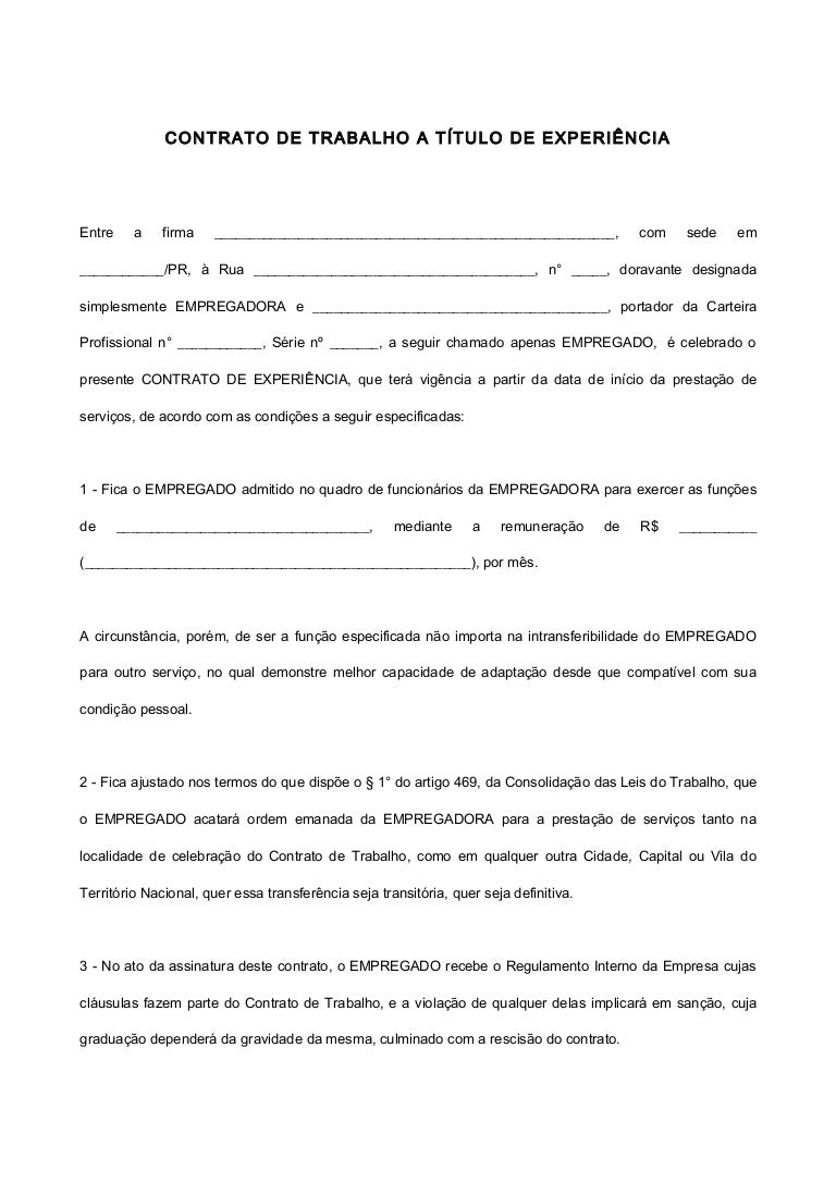 Modelo de contrato de trabalho.