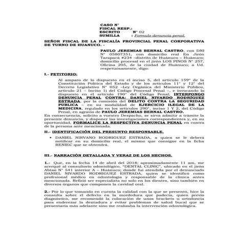 MODELO DE DENUNCIA PENAL. DE DERECHO PENALdocx | DOCX