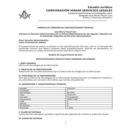 MODELO DE FORMATO DE ESPECIFICACIONES TÉCNICAS - AUTOR JOSÉ MARÍA ...