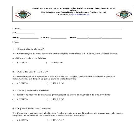 Modelo de prova escola sao jo se 3 ano 4 bimestre | DOC