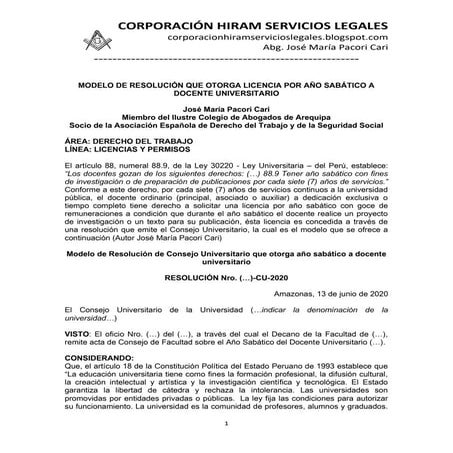 MODELO RESOLUCIÓN OTORGA LICENCIA AÑO SABÁTICO A DOCENTE UNIVERSITARIO ...