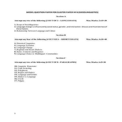 Model question paper for sociolinguistics | DOC