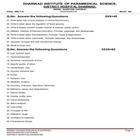 DMLT Biochemistry Model question papers Karnataka 2019-2020 | DOCX