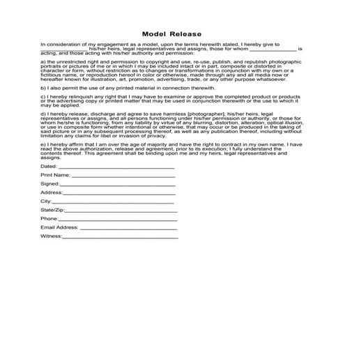 Generic Photography Model Release Form | DOC