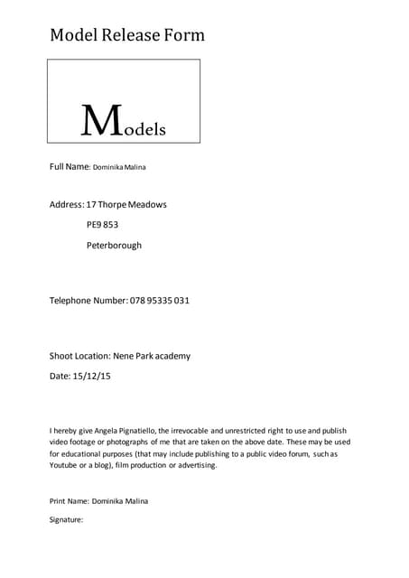 Model release form scanned | PDF