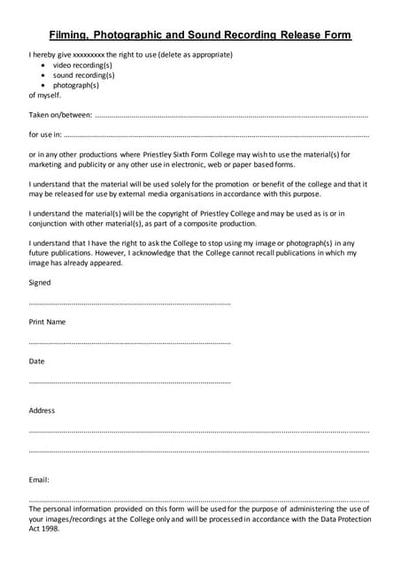 Model release form | DOCX | Cameras and Camcorders | Consumer Electronics