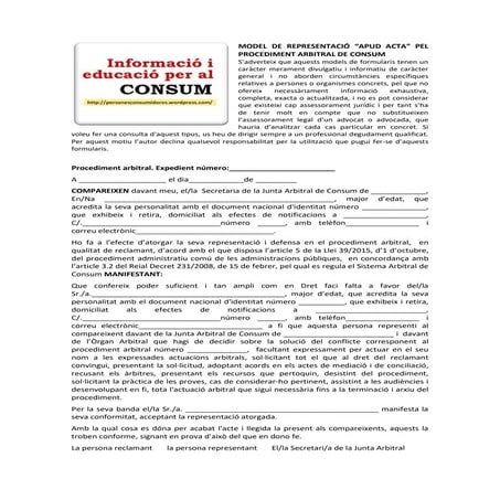 MODEL D'ESCRIT DE REPRESENTACIÓ APUD ACTA EN L'ARBITRATGE DE CONSUM | PDF