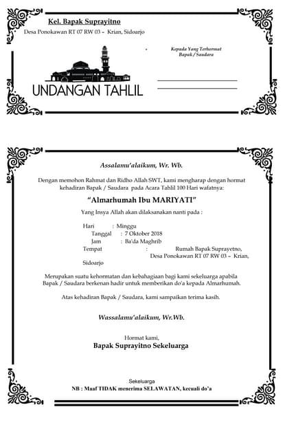 contoh undangan tahlil 1000 hari | DOC