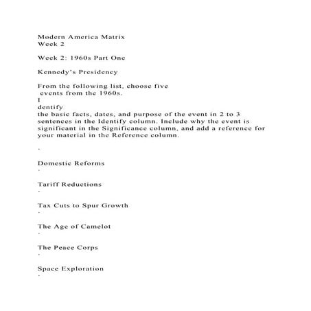 Modern America Matrix Week 2Week 2 1960s Part OneKennedy’.docx