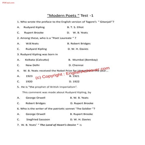 Modern poets in English Literature test 1 w | PDF