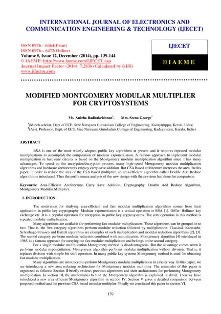 Low Cost High Performance Vlsi Architecture For Montgomery Modular 6034