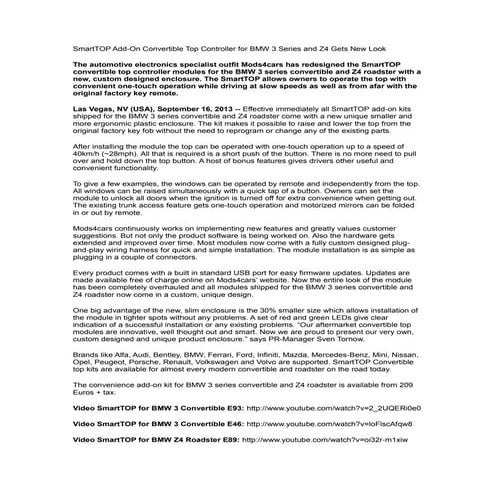 SmartTOP Add-On Convertible Top Controller for BMW 3 Series and Z4 Gets ...