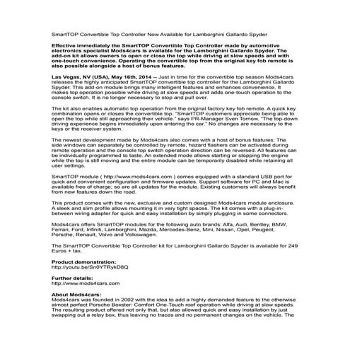 SmartTOP Convertible Top Controller Now Available for Lamborghini ...