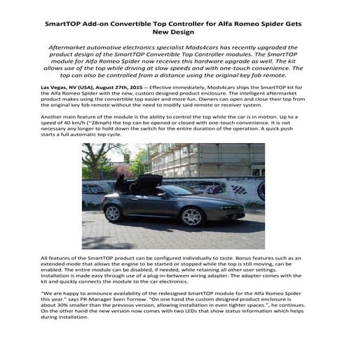 SmartTOP Add-on Convertible Top Controller for Alfa Romeo Spider Gets ...