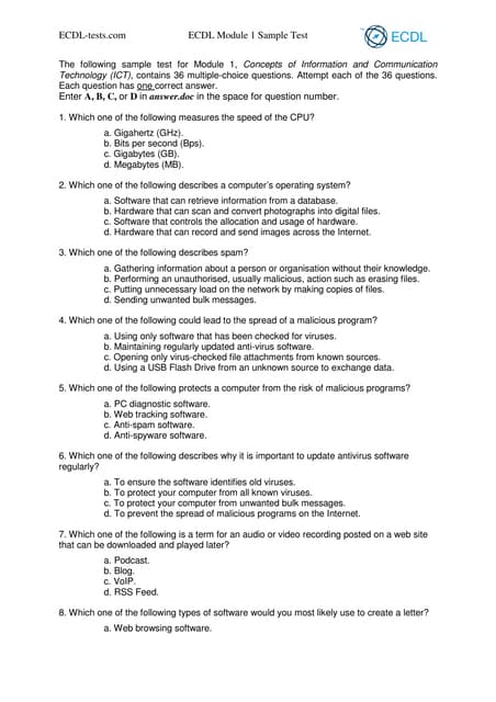 ICDL module 1 - Computer essentials practice tests | PDF