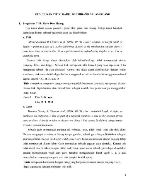 UKBM 1 Dimensi 3: Kedudukan Titik, Garis, dan Bidang. | PDF