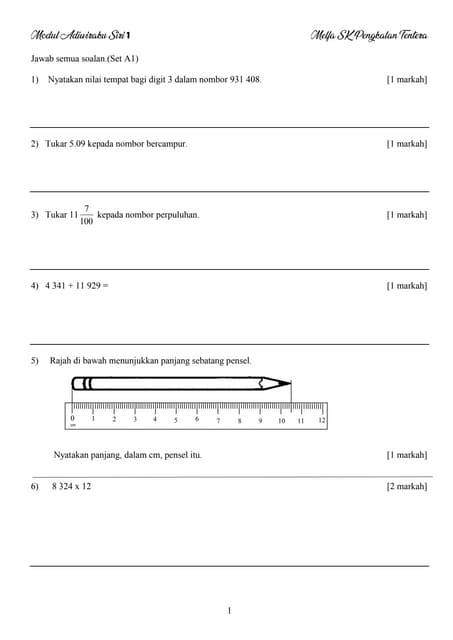 Soalan peperiksaan pertengahan tahun matematik tingkatan 1 | PDF