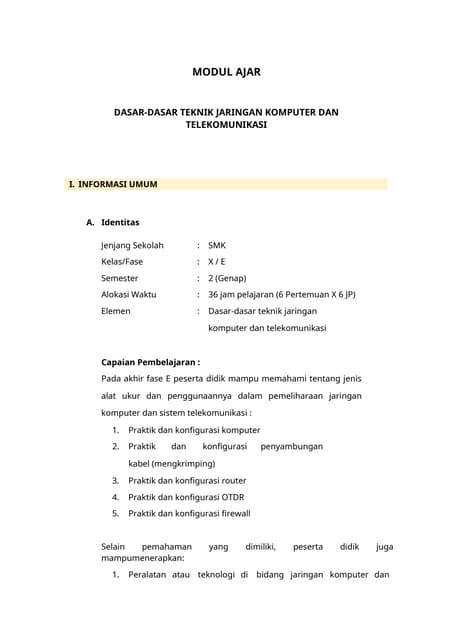 MODUL AJAR PERENCANAAN DAN PENGALAMATAN JARINGAN | PDF