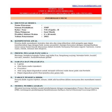 Modul Ajar Kelas 7 SMP Seni Musik Unit 3 Pb 2 | DOCX
