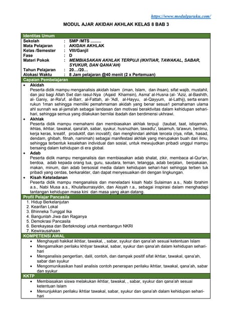 Modul Ajar Al-Qur’an Hadis Kelas 8 Fase D Kurikulum Merdeka | PDF