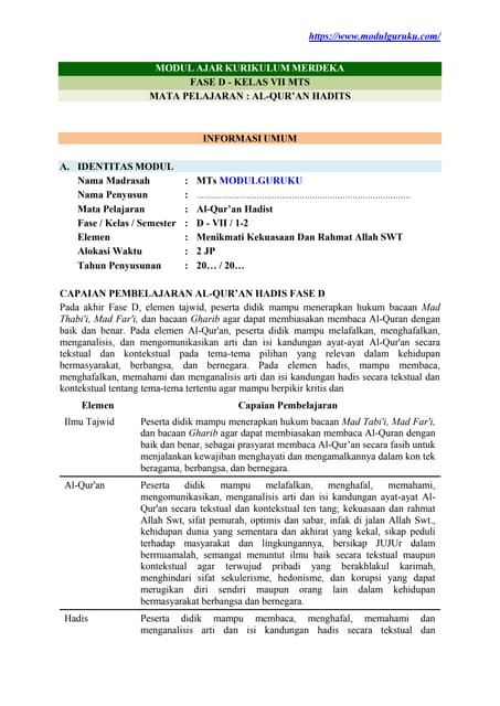 Modul Ajar Al-Qur’an Hadis Kelas 8 Fase D Kurikulum Merdeka | PDF
