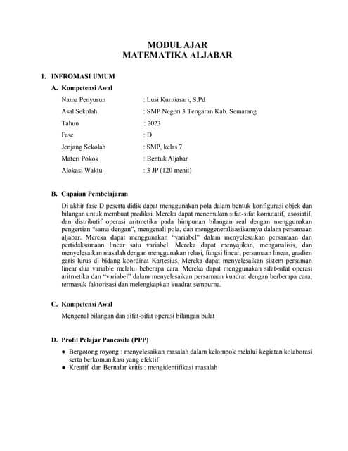 MODUL AJAR SISTEM PERSAMAAN LINEAR DUA VARIABEL (SPLDV) | PDF