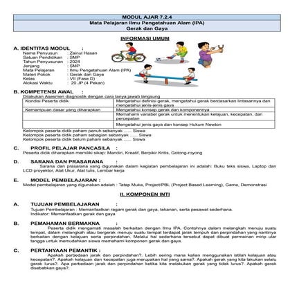 Modul Ajar Bab Gerak dan Gaya Kelas 7 Fase D SMP Ibrahimy 1 Sukorejo | PDF