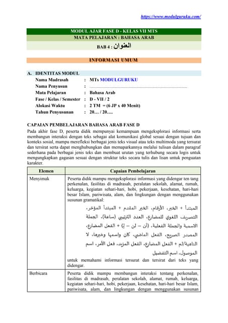 Modul Ajar Bahasa Arab Kelas 10 Fase E Kurikulum Merdeka | PDF