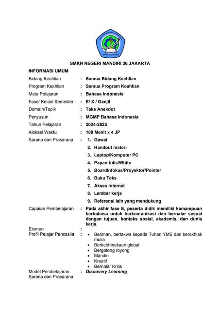 Modul Ajar Bahasa Indonesia Kelas 10 Fase E | PDF