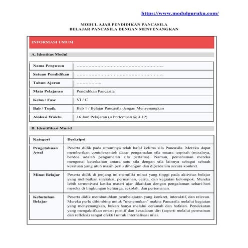 Modul Ajar Deep Learning Pendidikan Pancasila Kelas 6 Kurikulum Merdeka | PDF
