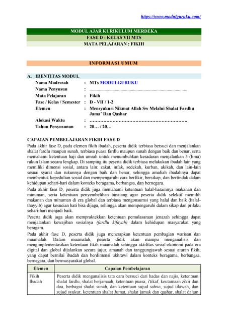 Modul Ajar Akidah Akhlak Kelas 7 Fase D Kurikulum Merdeka | PDF