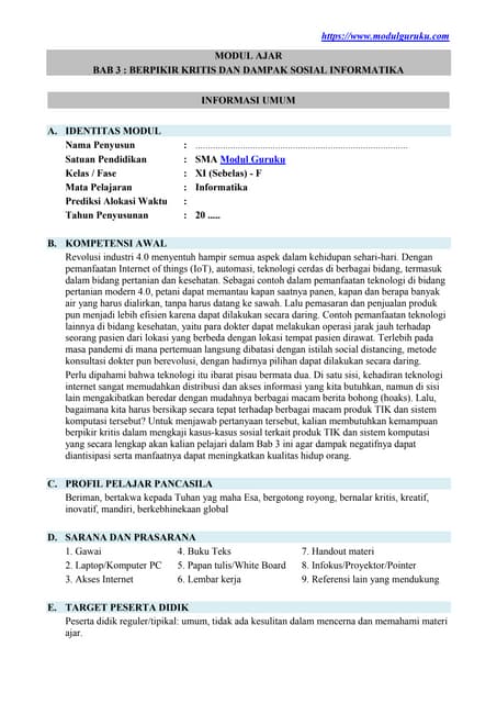 Modul Ajar Kelas 10 Informatika Fase E Kurikulum Merdeka | PDF
